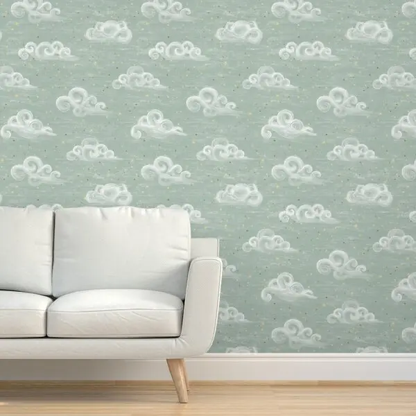 Spoonflower Whimsical Clouds Hand-drawn Pastel Nursery Soft Custom Pre-pasted Wallpaper