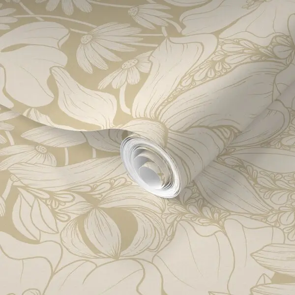 Spoonflower Dogwood Botanical Magnolia Xl Scale Floral Sketch Custom Pre-pasted Wallpaper - Beige