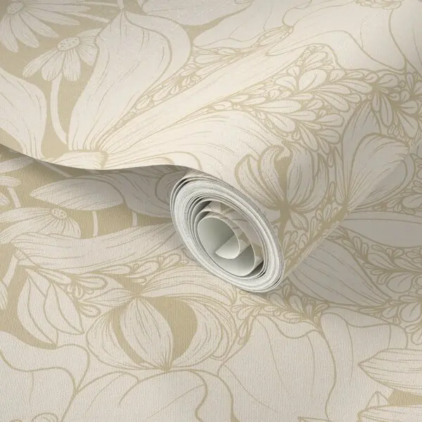 Spoonflower Dogwood Botanical Magnolia Xl Scale Floral Sketch Custom Pre-pasted Wallpaper - Beige