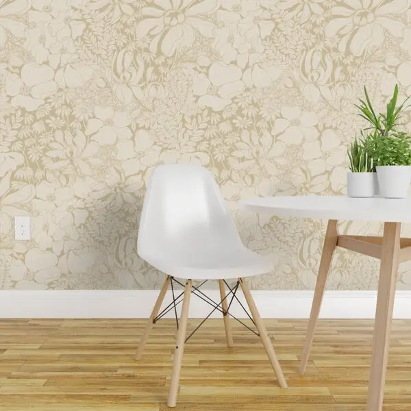 Spoonflower Dogwood Botanical Magnolia Xl Scale Floral Sketch Custom Pre-pasted Wallpaper - Beige