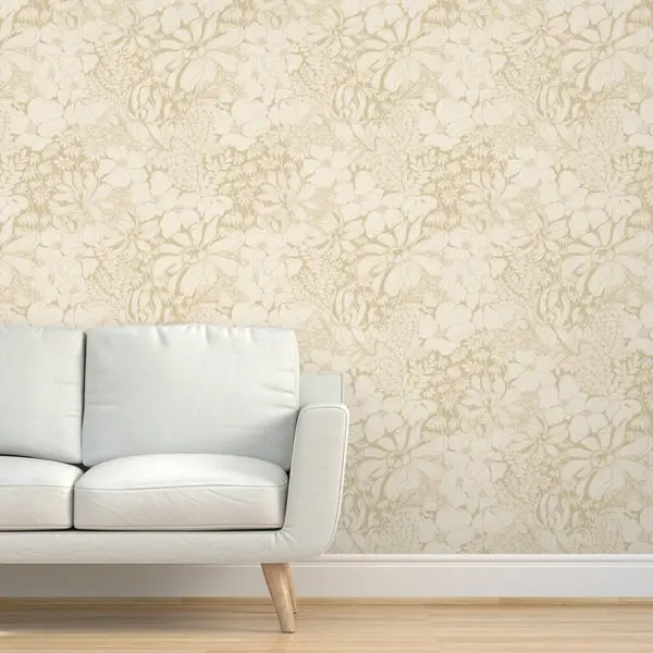 Spoonflower Dogwood Botanical Magnolia Xl Scale Floral Sketch Custom Pre-pasted Wallpaper - Beige