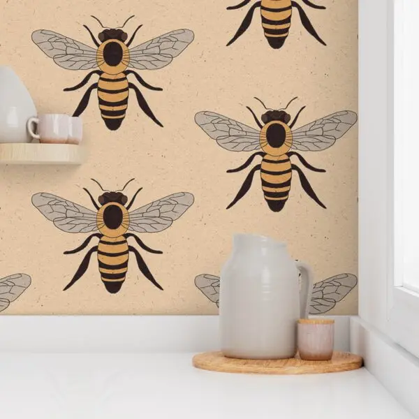 Spoonflower Jumbo Bees Natural Faux Texture Farmhouse Rustic Custom Removable Wallpaper