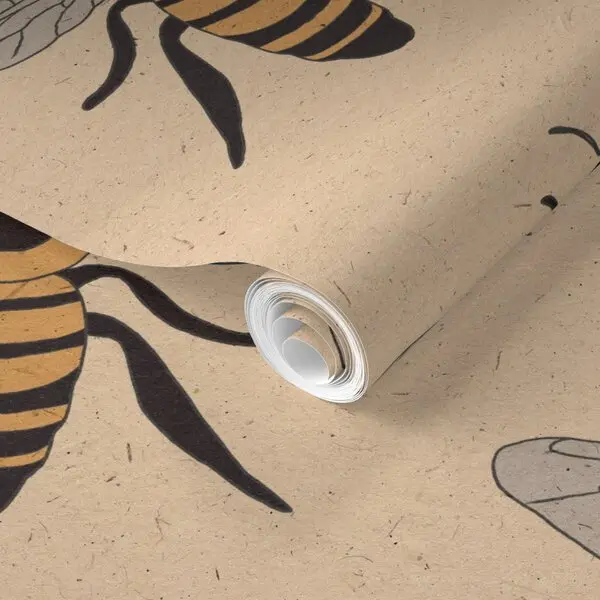Spoonflower Jumbo Bees Natural Faux Texture Farmhouse Rustic Custom Pre-pasted Wallpaper - Beige
