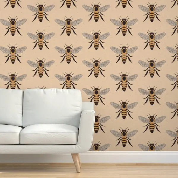 Spoonflower Jumbo Bees Natural Faux Texture Farmhouse Rustic Custom Pre-pasted Wallpaper