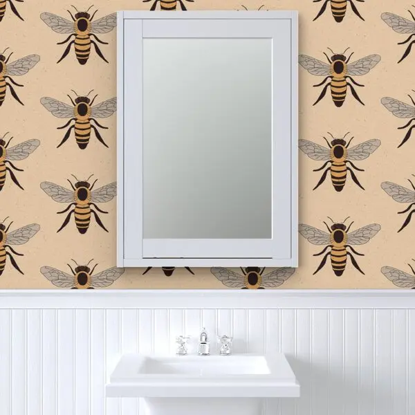Spoonflower Jumbo Bees Natural Faux Texture Farmhouse Rustic Custom Pre-pasted Wallpaper