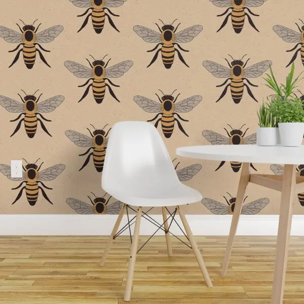 Spoonflower Jumbo Bees Natural Faux Texture Farmhouse Rustic Custom Pre-pasted Wallpaper