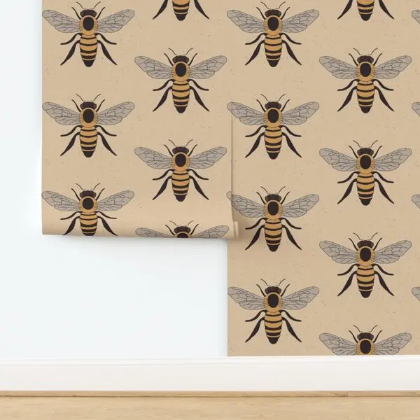 Spoonflower Jumbo Bees Natural Faux Texture Farmhouse Rustic Custom Pre-pasted Wallpaper