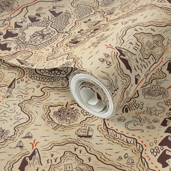 Spoonflower Dragon Cartography Fantasy Sepia Map Dragons Custom Removable Wallpaper - Beige