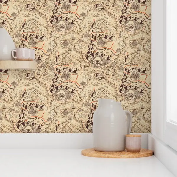 Spoonflower Dragon Cartography Fantasy Sepia Map Dragons Custom Removable Wallpaper