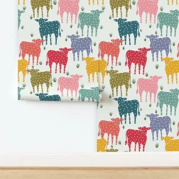 Spoonflower Whimsical Cows Farm Animals Cattle Farmhouse Custom Pre-pasted Wallpaper
