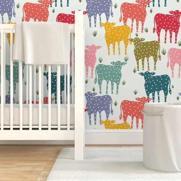 Spoonflower Whimsical Cows Farm Animals Cattle Farmhouse Custom Pre-pasted Wallpaper