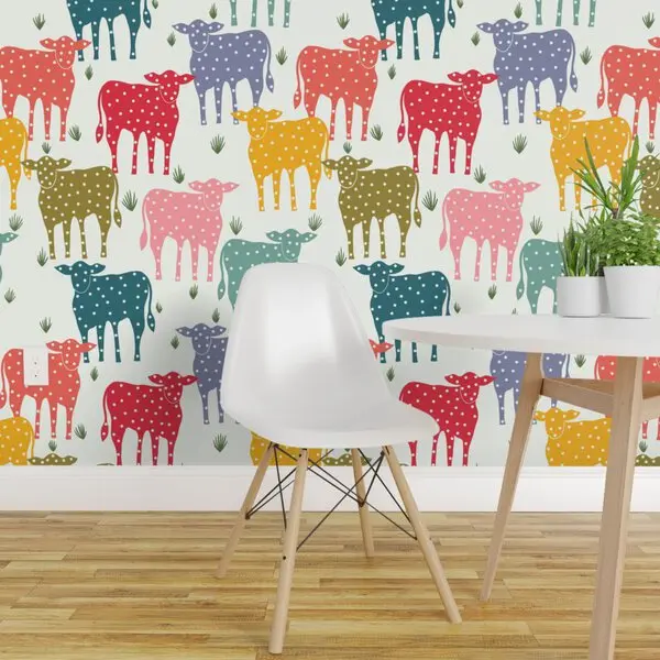 Spoonflower Whimsical Cows Farm Animals Cattle Farmhouse Custom Pre-pasted Wallpaper