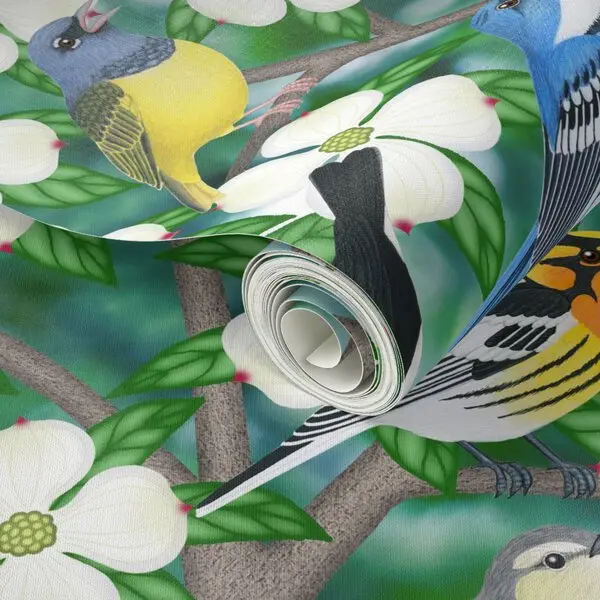 Spoonflower Flowering Dogwood Songbirds Warbler Vireo Magnolia Custom Removable Wallpaper - Green