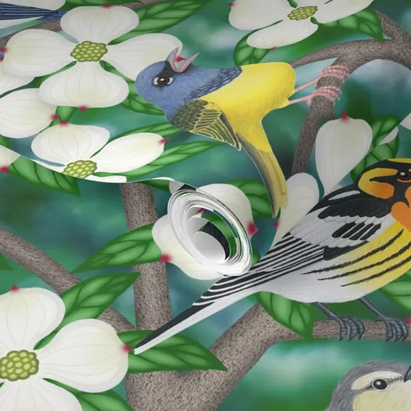 Spoonflower Flowering Dogwood Songbirds Warbler Vireo Magnolia Custom Removable Wallpaper - Green
