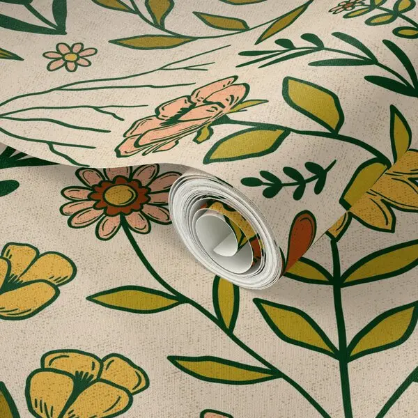 Spoonflower Botanical Damask Vintage Floral Sunflowers Daisies Custom Pre-pasted Wallpaper - Beige