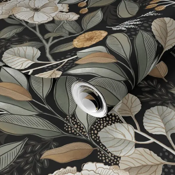 Spoonflower Moody Florals Chrysanthemum Midnight Garden Ivory Custom Pre-pasted Wallpaper - Black,beige