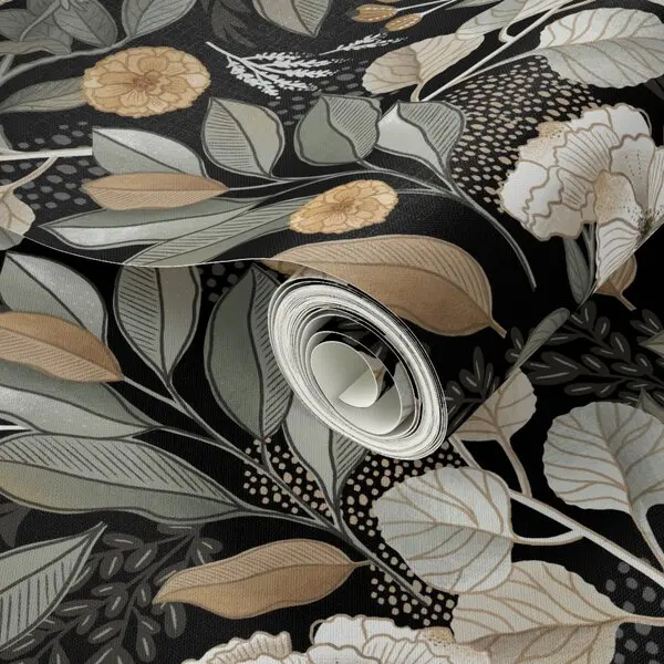 Spoonflower Moody Florals Chrysanthemum Midnight Garden Ivory Custom Pre-pasted Wallpaper - Black,beige