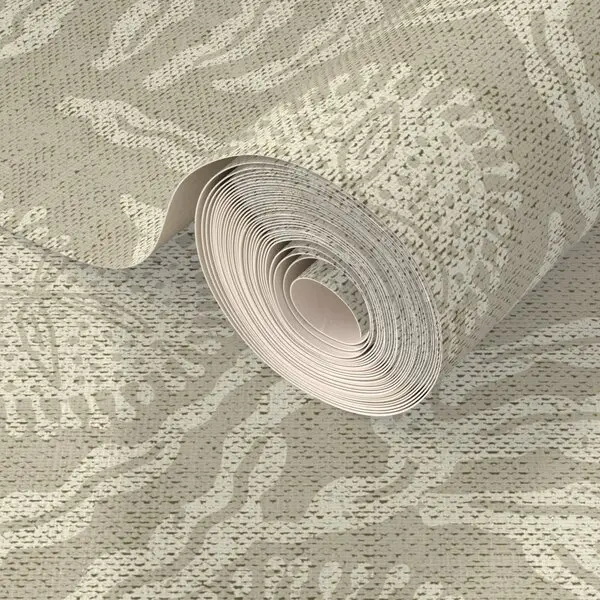 Spoonflower Vintage Floral Neutral Natural Linen Look Rustic Custom Pre-pasted Wallpaper - Beige