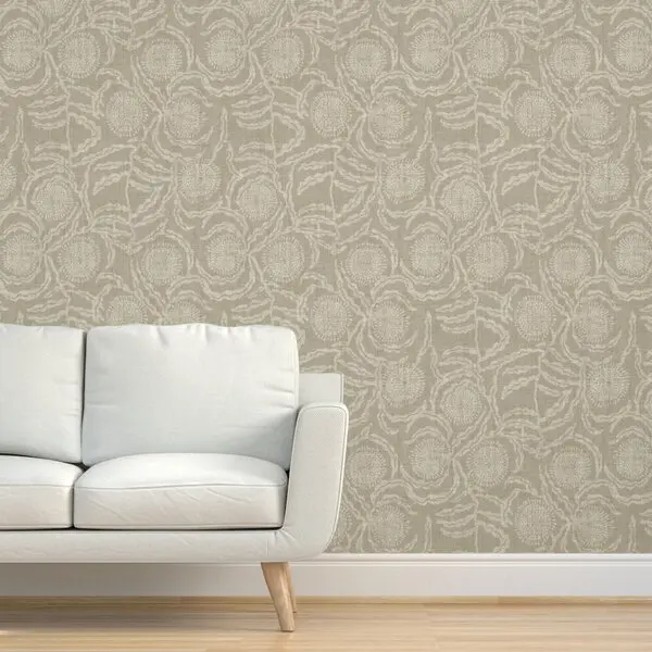 Spoonflower Vintage Floral Neutral Natural Linen Look Rustic Custom Pre-pasted Wallpaper - Beige