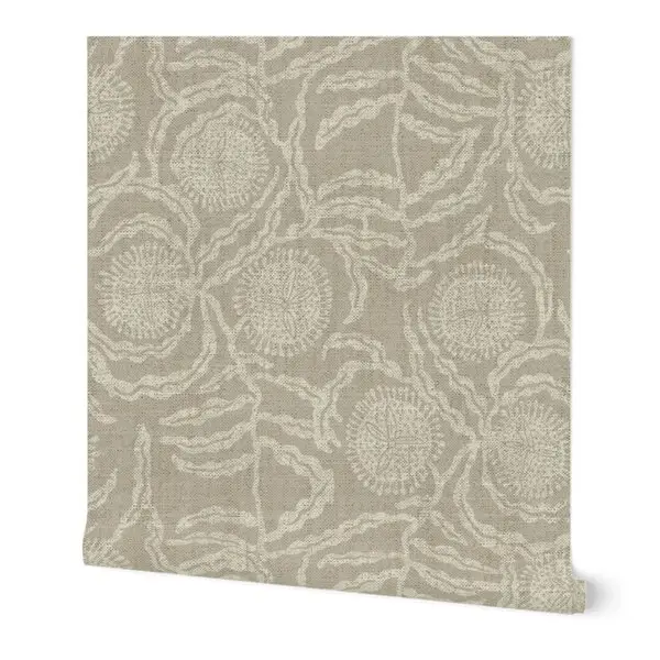 Spoonflower Vintage Floral Neutral Natural Linen Look Rustic Custom Pre-pasted Wallpaper - Beige