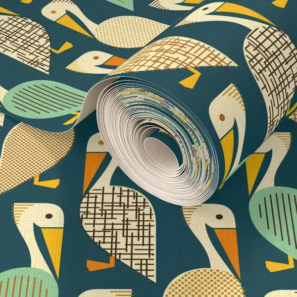 Spoonflower Brown Pelican State Bird Nautical Coastal Mcm 100% Natural Sisal Grasscloth Wallcovering - Blue