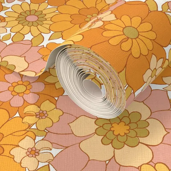 Spoonflower Avery Retro Floral On White 100% Natural Sisal Grasscloth Wallcovering - Orange,yellow