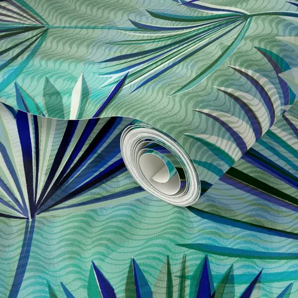 Spoonflower Jungle Palm Tropical Foliage Rainforest Summer Custom Pre-pasted Wallpaper - Green,blue