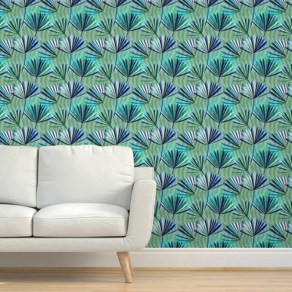 Spoonflower Jungle Palm Tropical Foliage Rainforest Summer Custom Pre-pasted Wallpaper - Green,blue