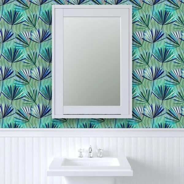 Spoonflower Jungle Palm Tropical Foliage Rainforest Summer Custom Pre-pasted Wallpaper - Green,blue