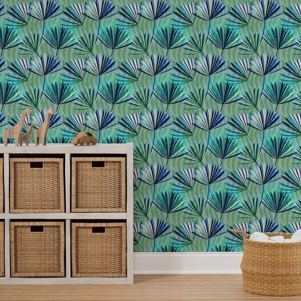 Spoonflower Jungle Palm Tropical Foliage Rainforest Summer Custom Pre-pasted Wallpaper - Green,blue