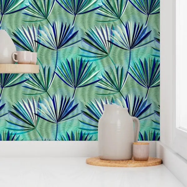 Spoonflower Jungle Palm Tropical Foliage Rainforest Summer Custom Pre-pasted Wallpaper - Green,blue