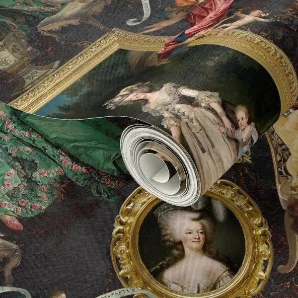 Spoonflower Green French Toile Rococo Queen Baroque Frames Traditional Wallpaper - Green,red