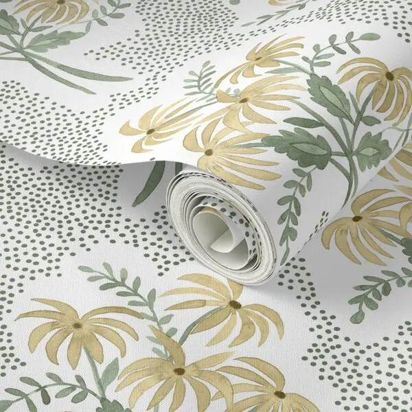 Spoonflower Neutral Floral Modern Botanical Traditional Custom Pre-pasted Wallpaper - Green,yellow