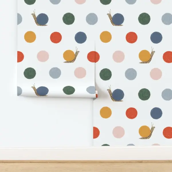 Spoonflower Polka Dots Woodland Snails Primary Colors Custom Pre-pasted Wallpaper