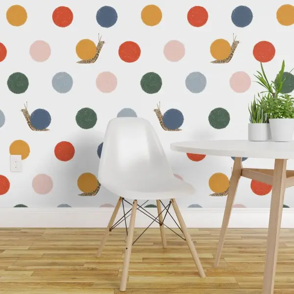 Spoonflower Polka Dots Woodland Snails Primary Colors Custom Pre-pasted Wallpaper