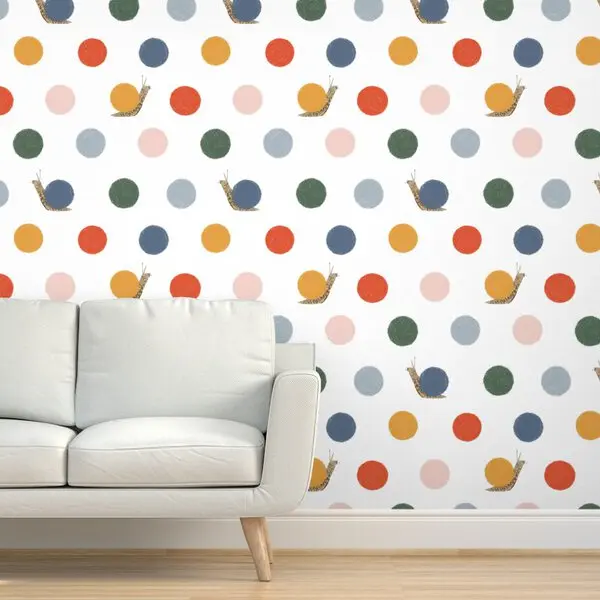 Spoonflower Polka Dots Woodland Snails Primary Colors Custom Pre-pasted Wallpaper