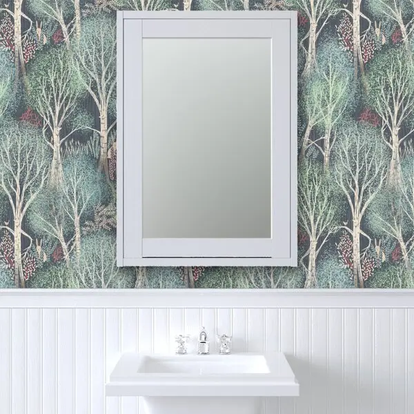Spoonflower Fairy Tale Woodland Forest Bunny Rabbit Hand Drawn Custom Pre-pasted Wallpaper - Green,blue