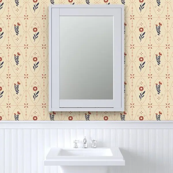 Spoonflower Rust Floral Scandi Flowers Traditional Minimal Custom Pre-pasted Wallpaper - Beige,red