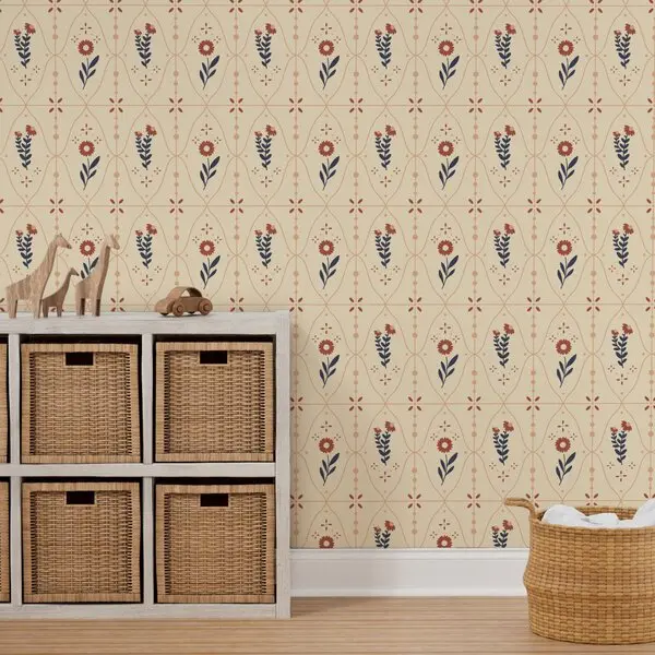 Spoonflower Rust Floral Scandi Flowers Traditional Minimal Custom Pre-pasted Wallpaper - Beige,red