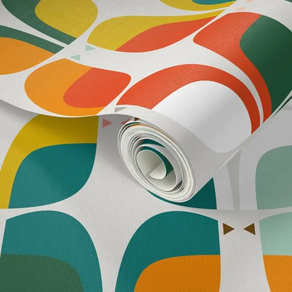 Spoonflower Mid Century Birds Whimsical Retro Atomic Era 1950s Custom Pre-pasted Wallpaper - Rainbow