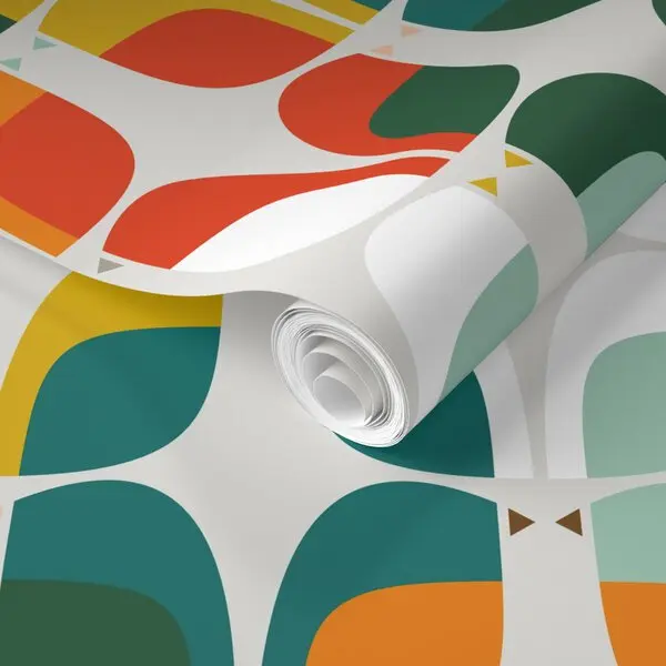 Spoonflower Mid Century Birds Whimsical Retro Atomic Era 1950s Custom Pre-pasted Wallpaper - Rainbow