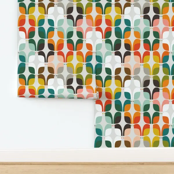 Spoonflower Mid Century Birds Whimsical Retro Atomic Era 1950s Custom Pre-pasted Wallpaper - Rainbow