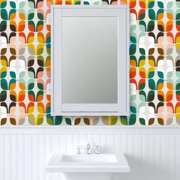 Spoonflower Mid Century Birds Whimsical Retro Atomic Era 1950s Custom Pre-pasted Wallpaper - Rainbow