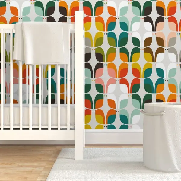 Spoonflower Mid Century Birds Whimsical Retro Atomic Era 1950s Custom Pre-pasted Wallpaper - Rainbow