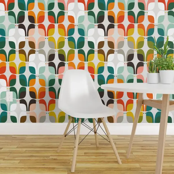Spoonflower Mid Century Birds Whimsical Retro Atomic Era 1950s Custom Pre-pasted Wallpaper - Rainbow