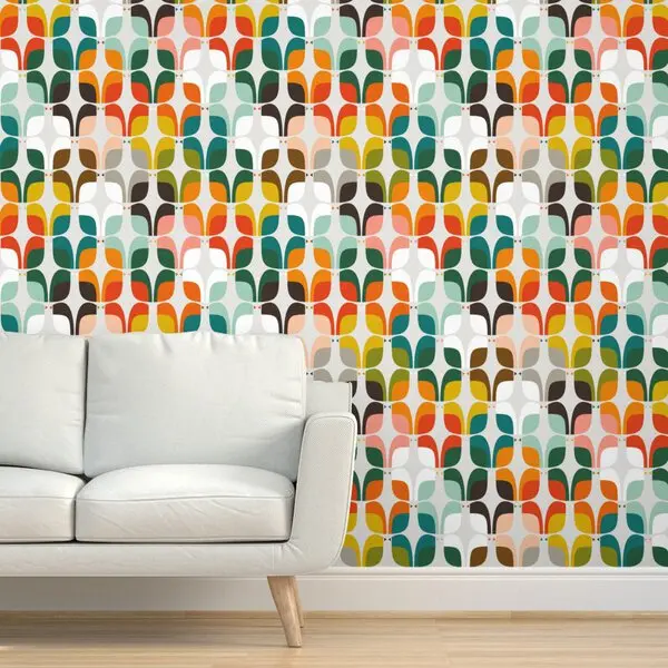 Spoonflower Mid Century Birds Whimsical Retro Atomic Era 1950s Custom Pre-pasted Wallpaper - Rainbow