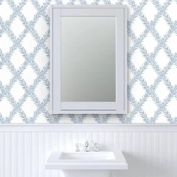 Spoonflower Botanical Trellis Lattice Leaves Floral Light Custom Pre-pasted Wallpaper - Blue