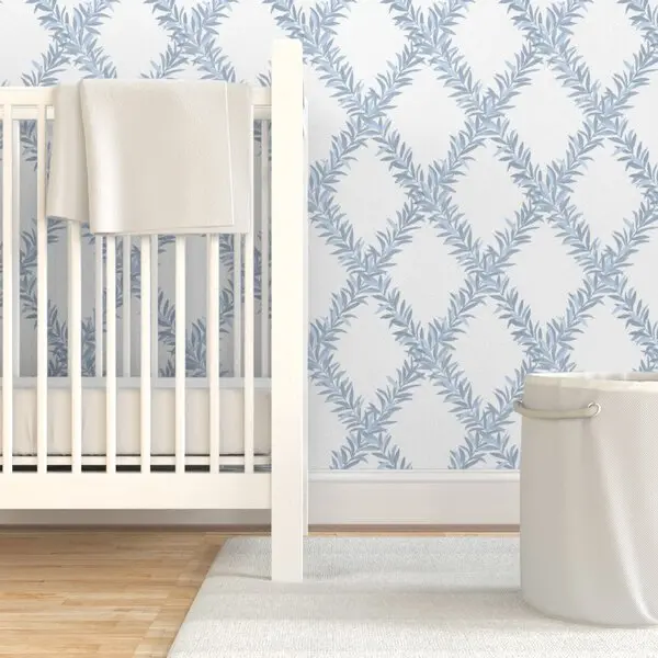 Spoonflower Botanical Trellis Lattice Leaves Floral Light Custom Pre-pasted Wallpaper - Blue