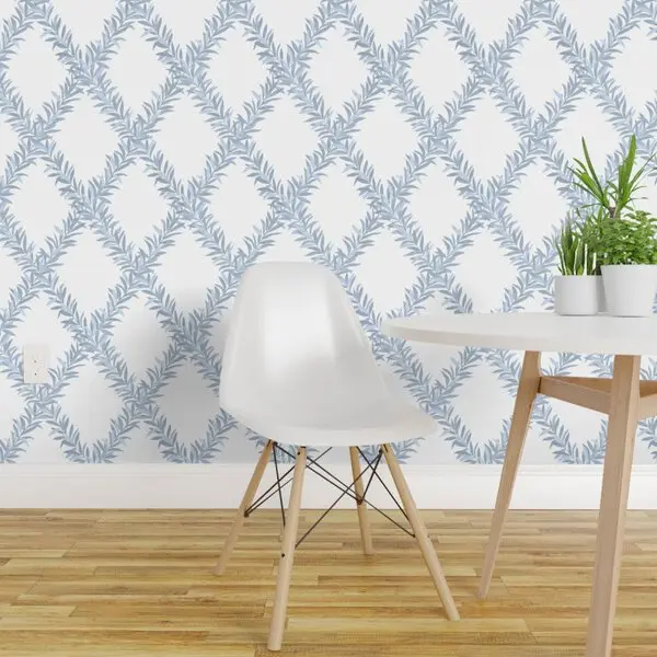 Spoonflower Botanical Trellis Lattice Leaves Floral Light Custom Pre-pasted Wallpaper - Blue