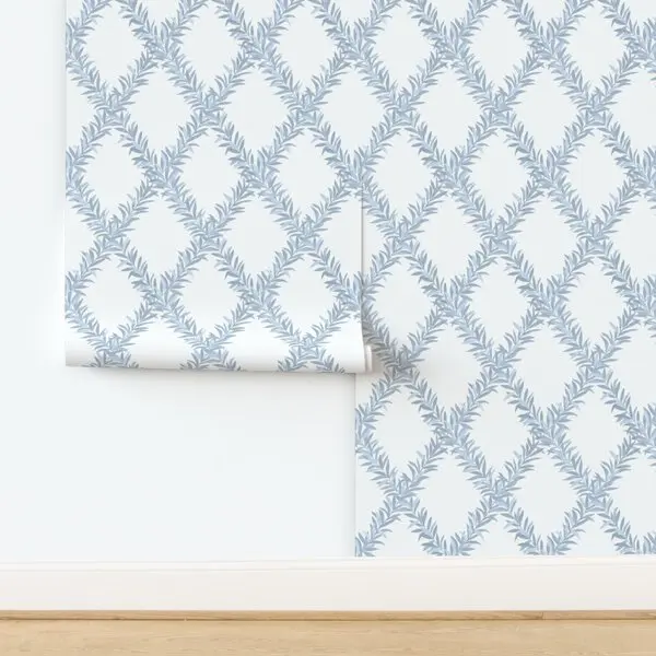 Spoonflower Botanical Trellis Lattice Leaves Floral Light Custom Pre-pasted Wallpaper - Blue